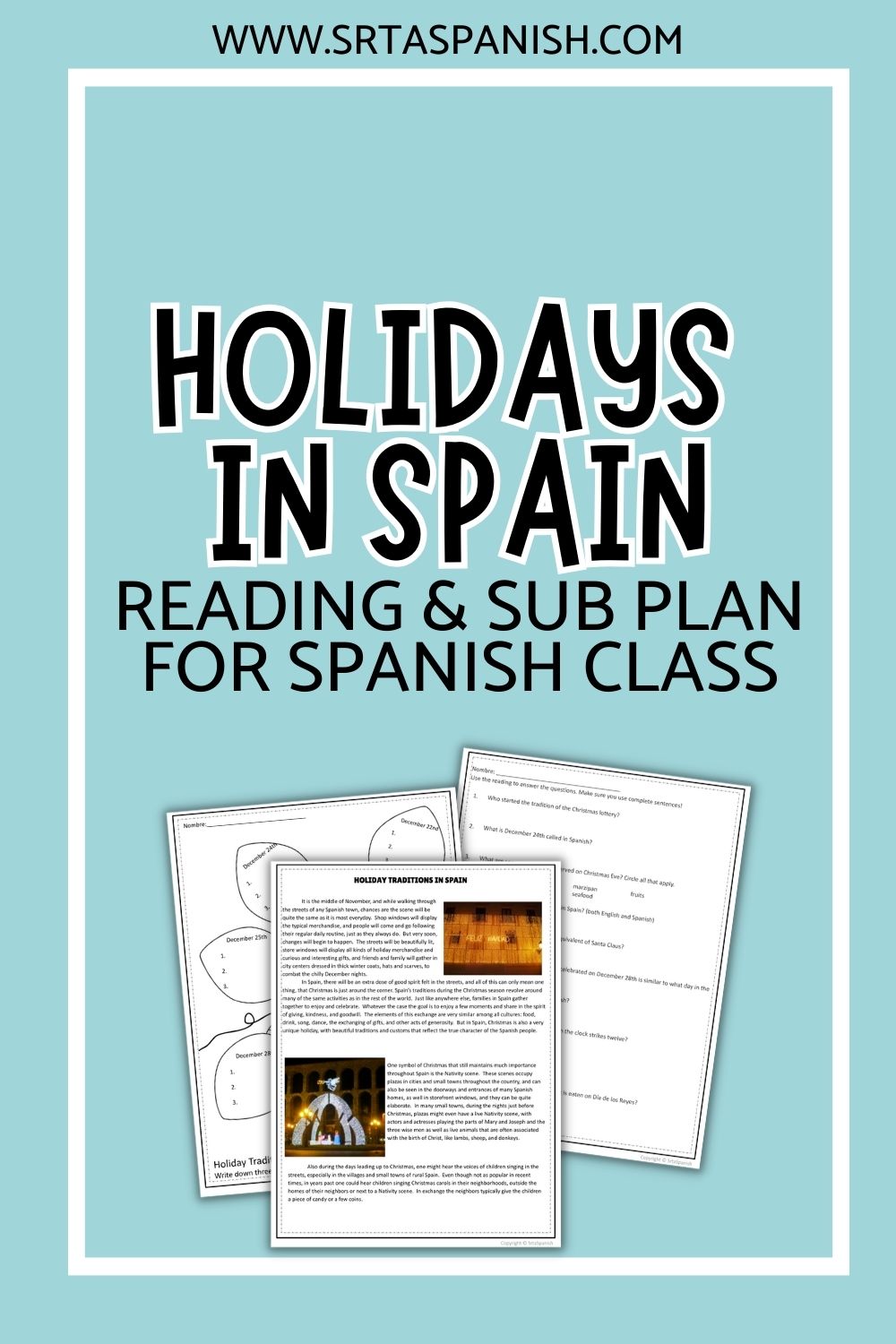 Holidays in Spain Reading Activity and Sub Plan - Srta Spanish