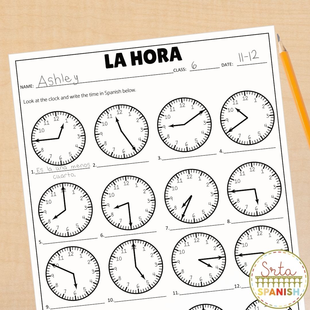 Free Spanish Clock Worksheet Telling Time Practice - Srta Spanish