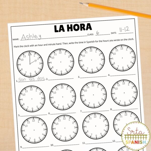 Free Spanish Clock Worksheet Telling Time Practice - Srta Spanish