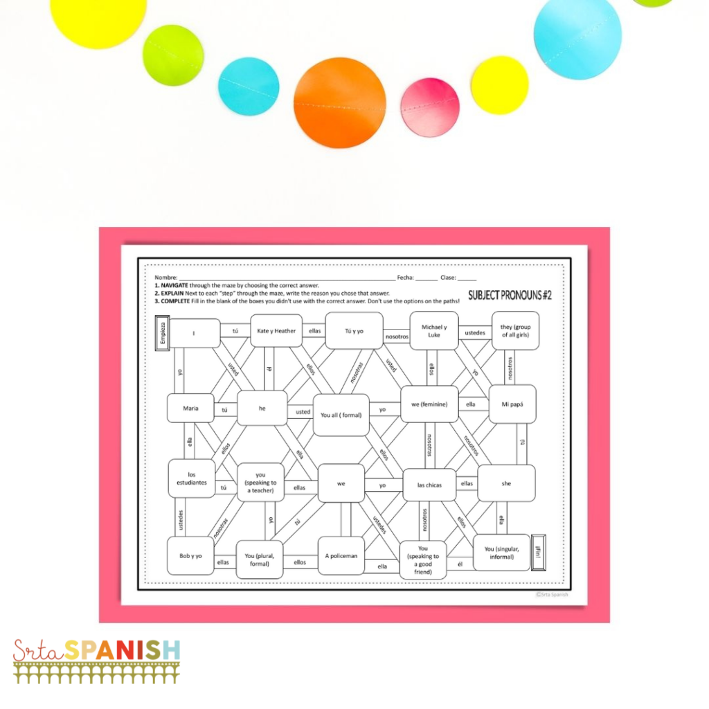 Spanish Subject Pronouns Worksheet Practice - Srta Spanish